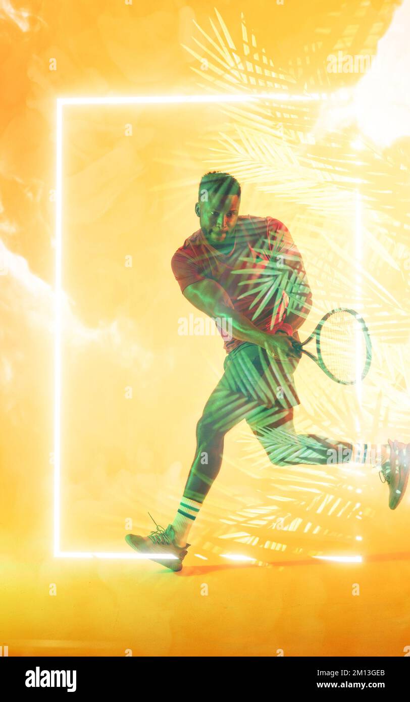 African american male player with racket playing tennis over ...