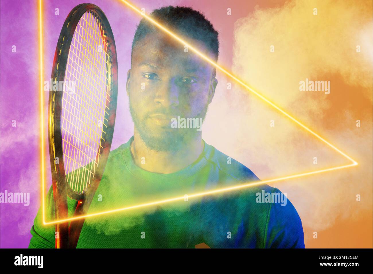 Portrait of african american male tennis player with racket by ...