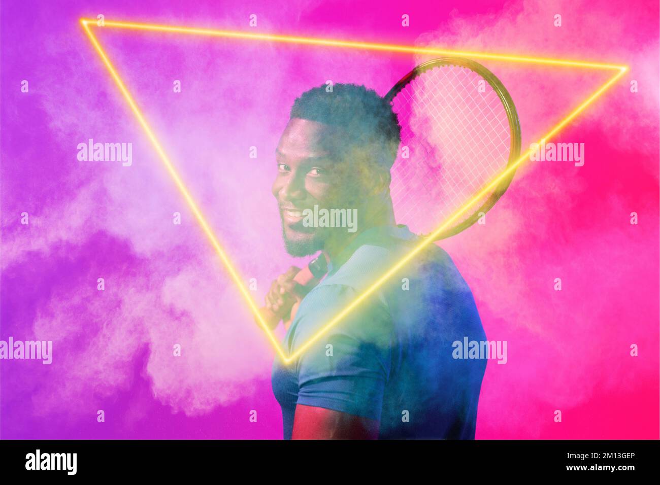 African american male player with racket by glowing triangle amidst ...