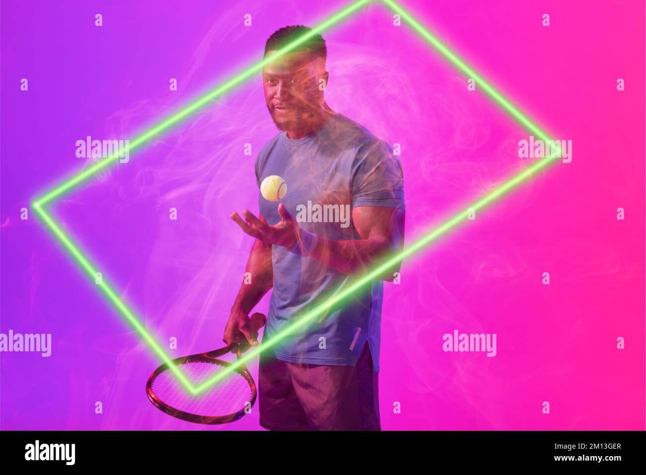 Serious african american male player with racket and ball by glowing ...