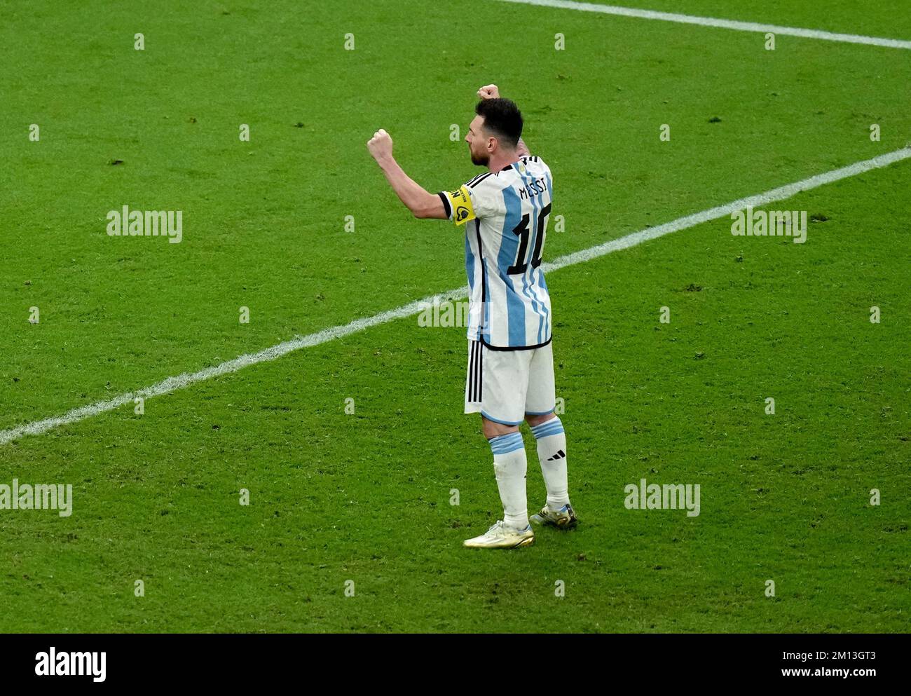 Argentina's Lionel Messi celebrates after scoring the first penalty of ...