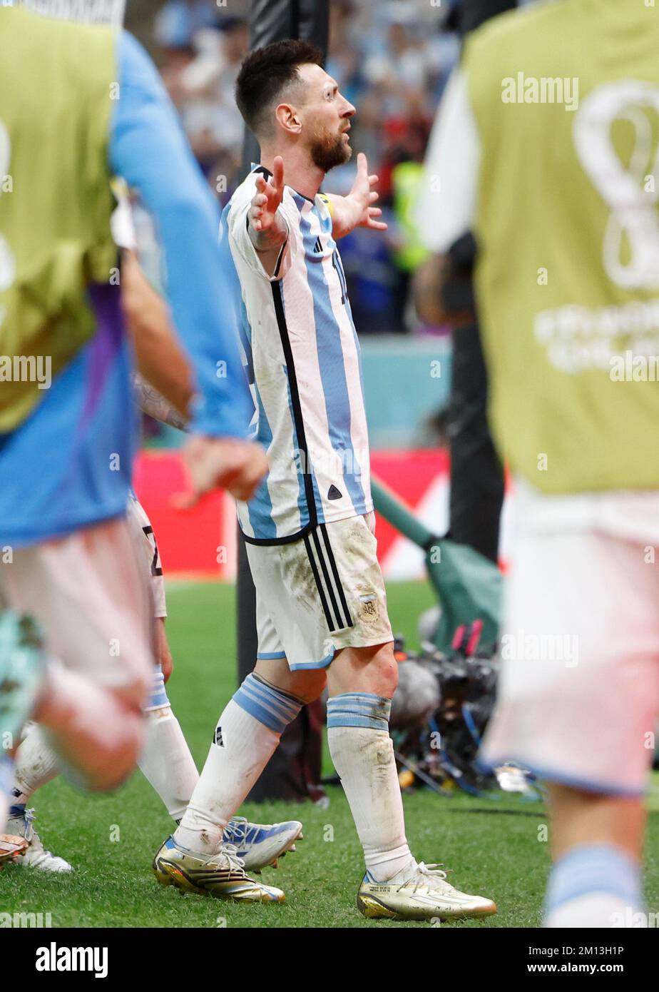 Lusail, Qatar. 9th Dec, 2022. Lionel Messi of Argentina celebrates his ...