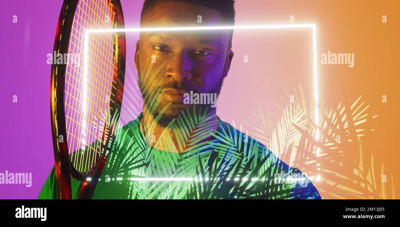 Illuminated plants and rectangle over portrait of african american male ...