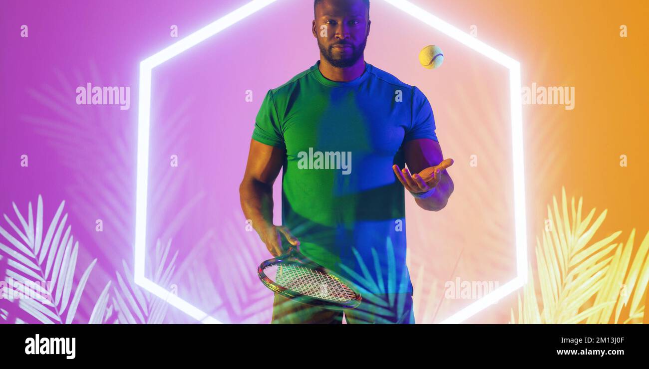 Illuminated plants and hexagon over serious african american male ...