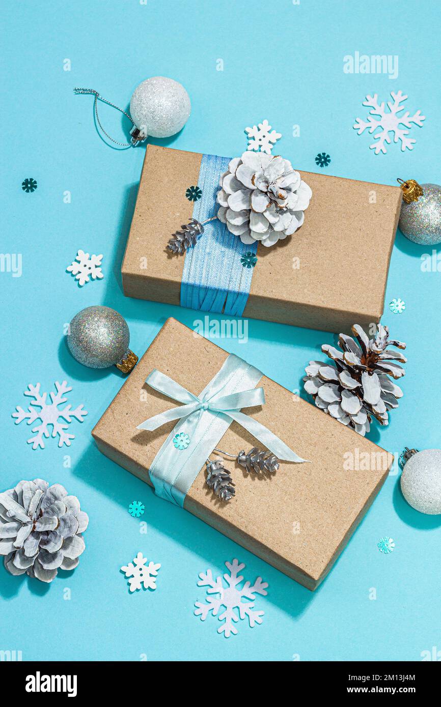 Christmas festive gift boxes, surprise concept. New Year background in ...