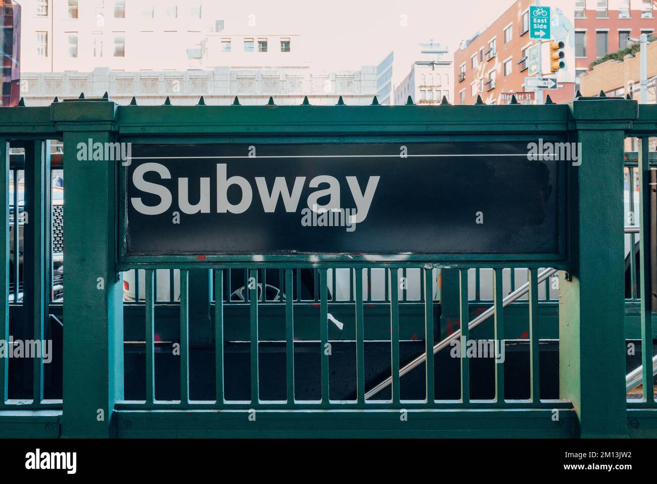 Subway sign at the entrance to the station in Manhattan, New York, USA ...