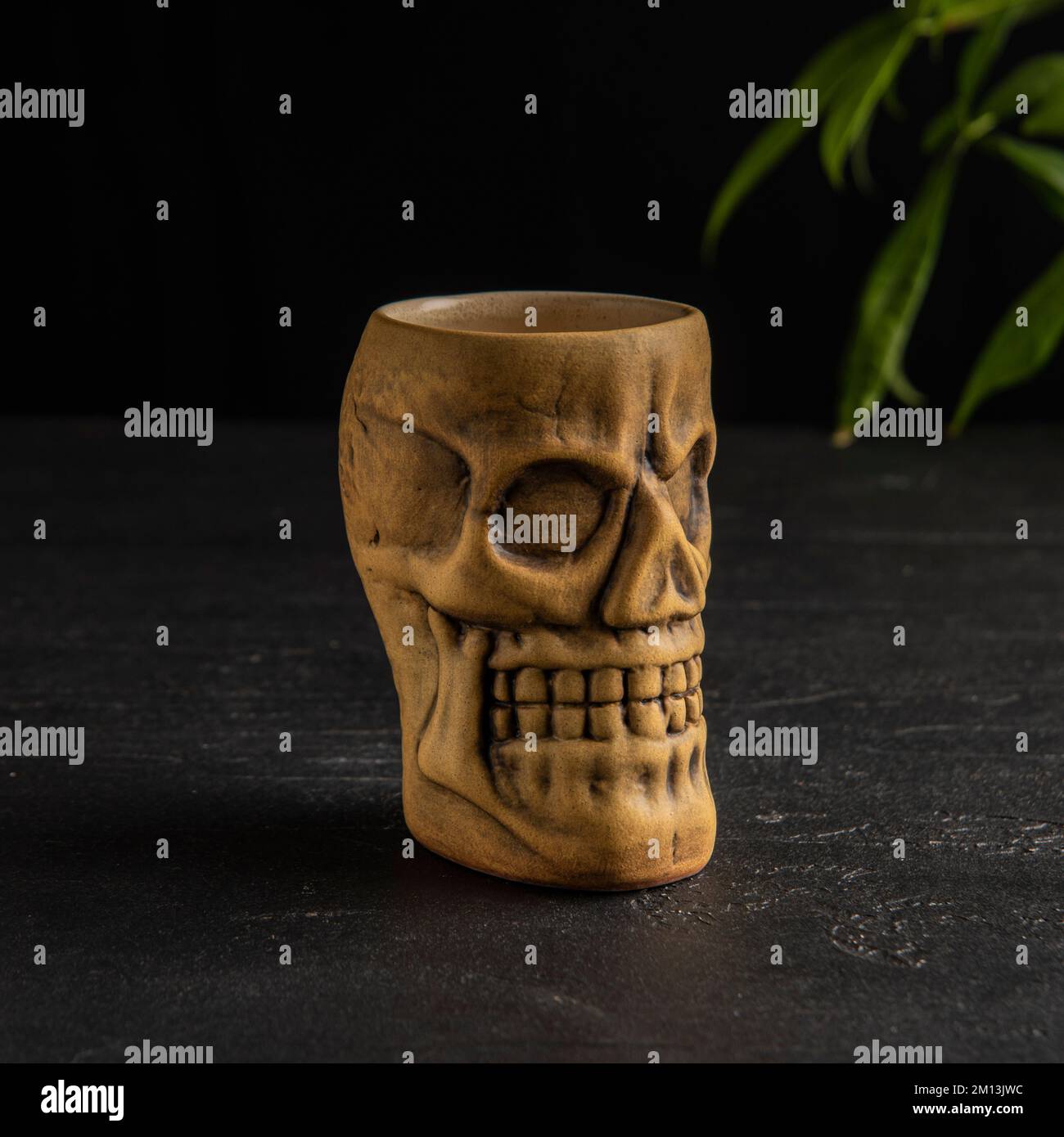 tribal design ceramic mug skull shaped on black marble with green plant ...
