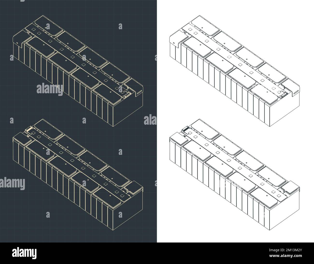 Stylized vector illustrations of isometric blueprints of battery module ...