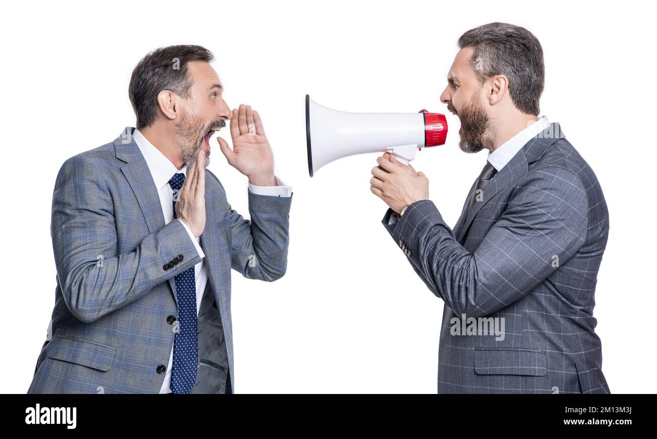 two shocked businessmen shouting in loudspeaker. businessmen shouting ...