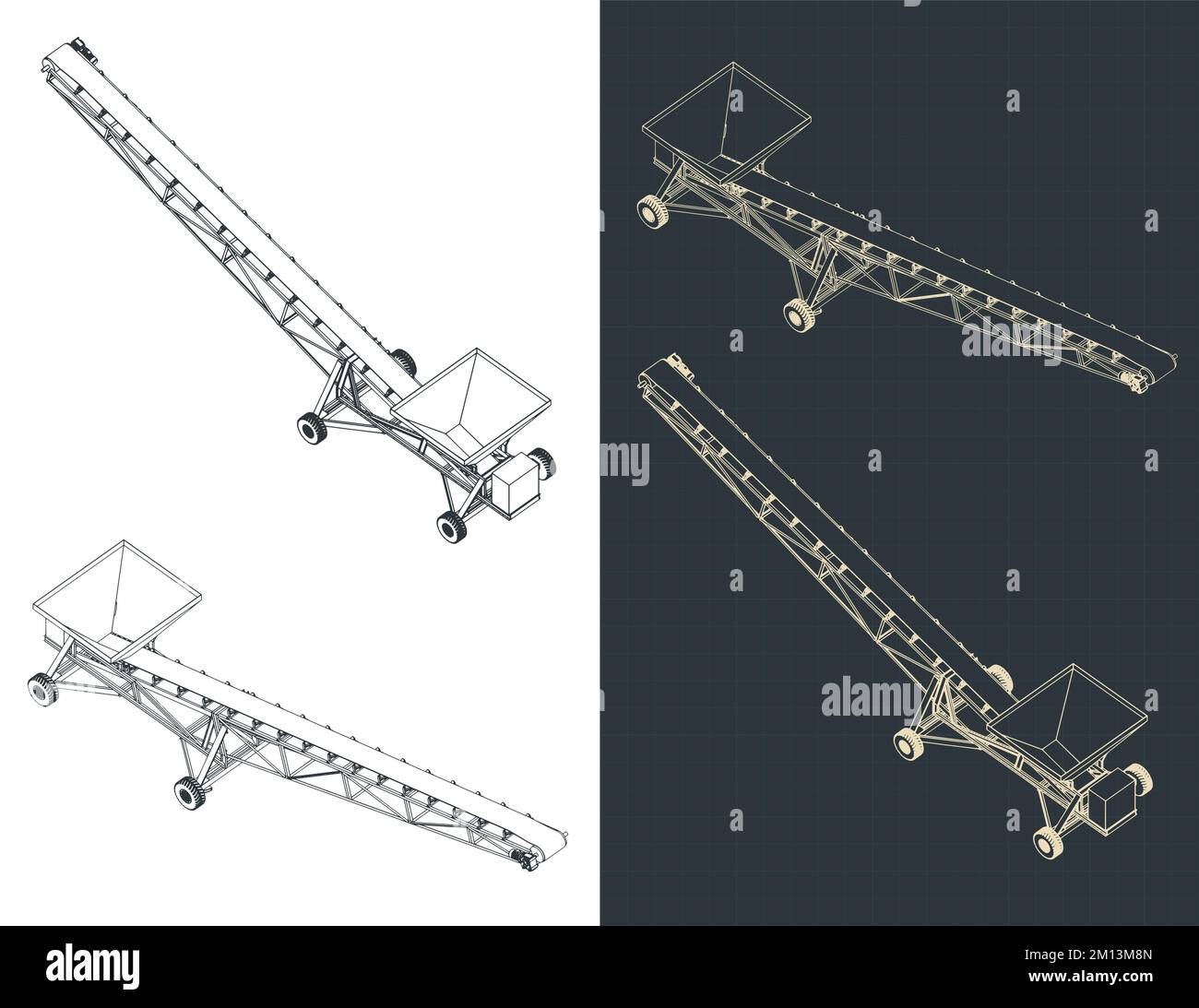 Stylized vector illustration of isometric blueprints of mobile conveyor ...