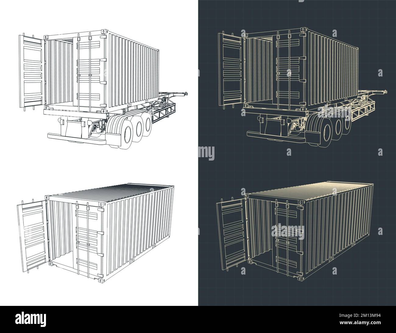 Stylized vector illustration of blueprints of container trailer and ...
