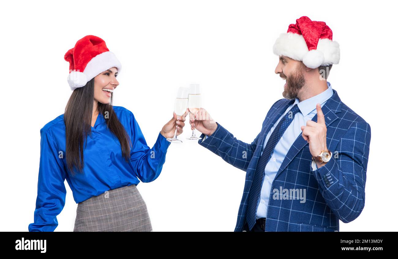 glad business couple celebrate christmas isolated on white. corporate ...