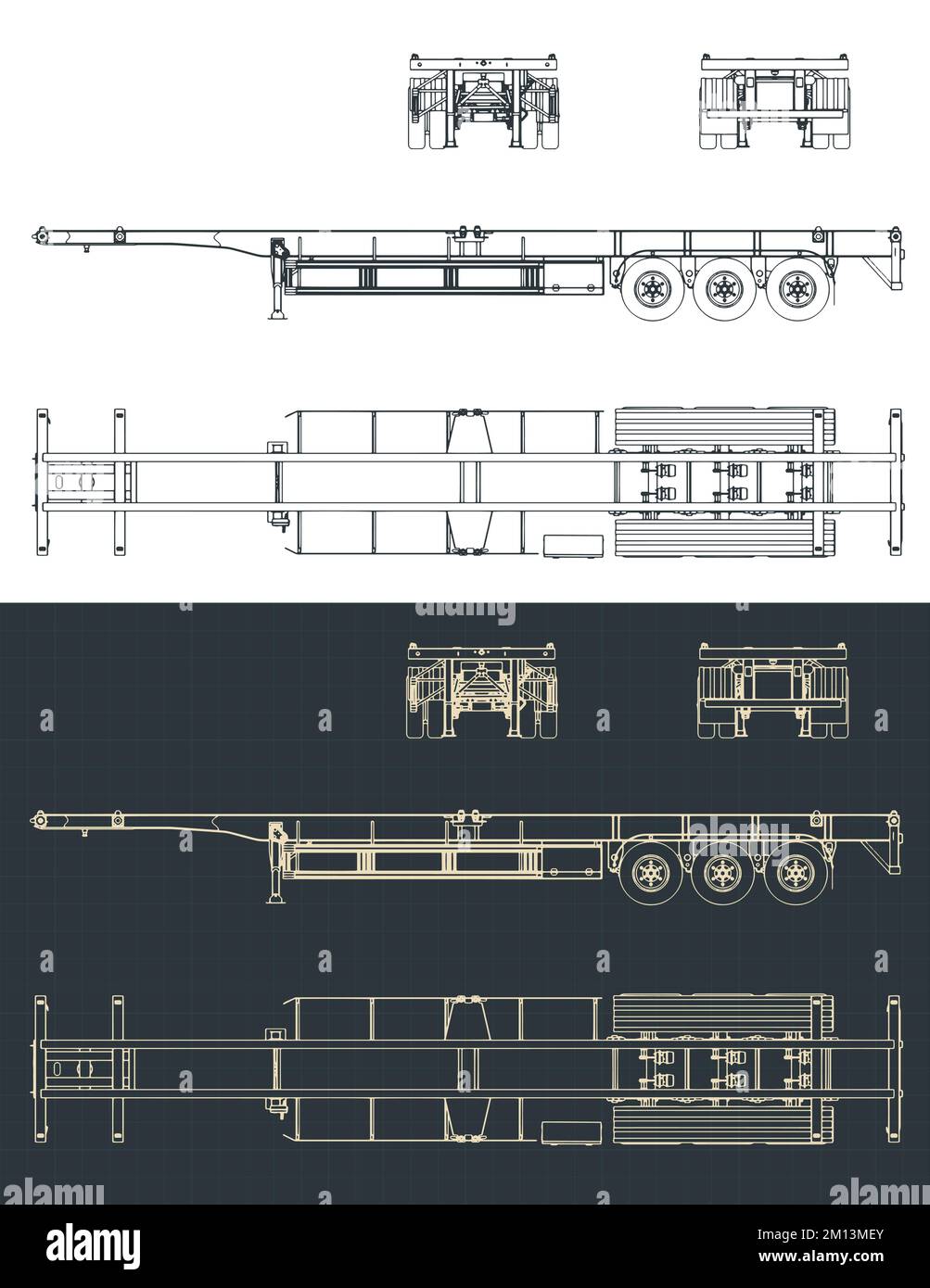 Stylized vector illustration of blueprints of container trailer Stock ...