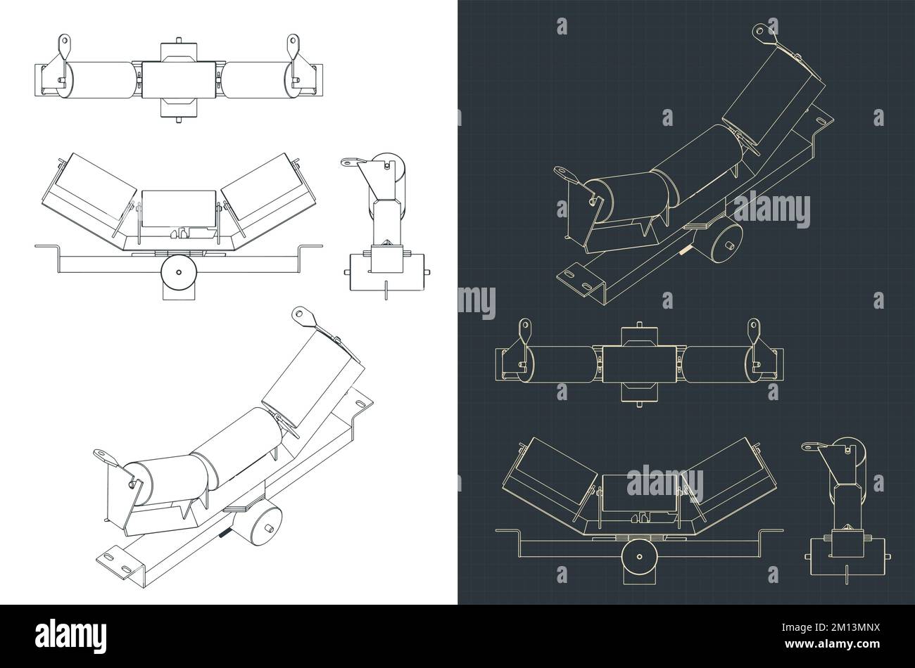 Stylized vector illustration of blueprints of conveyor roller frame ...