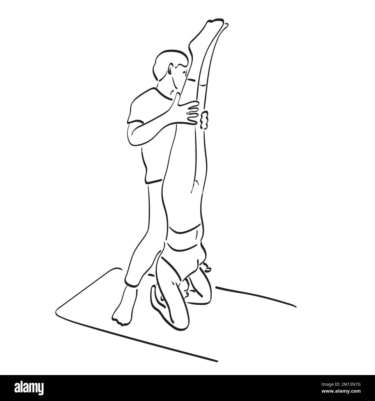 Yoga instructor guiding student perform head stand pose or Sirsasana ...