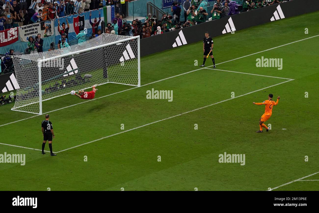 Netherlands' Virgil van Dijk misses from the penalty spot during the ...