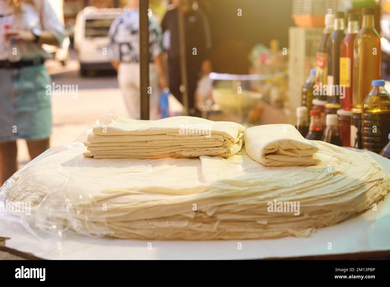 stacks of thin turkish lavash bread selling on farmers market at Turkey ...