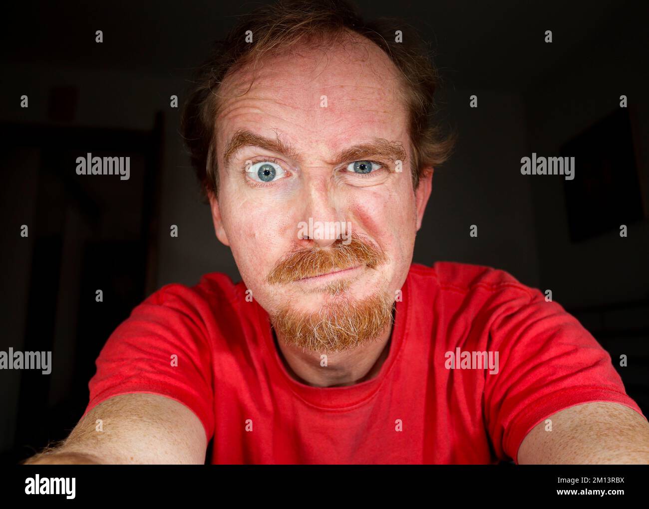 Ginger hair man looks in to screen of his computer or tablet, reading ...