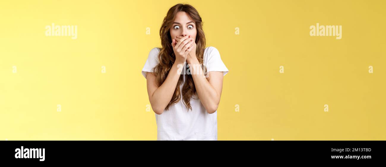 Shocked speechless amazed stupefied cute girl learn terrible impressive ...