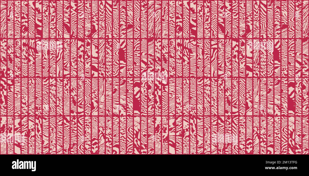 Seamless abstract safari stripe rectangle mosaic block print textile surface pattern in Viva ...