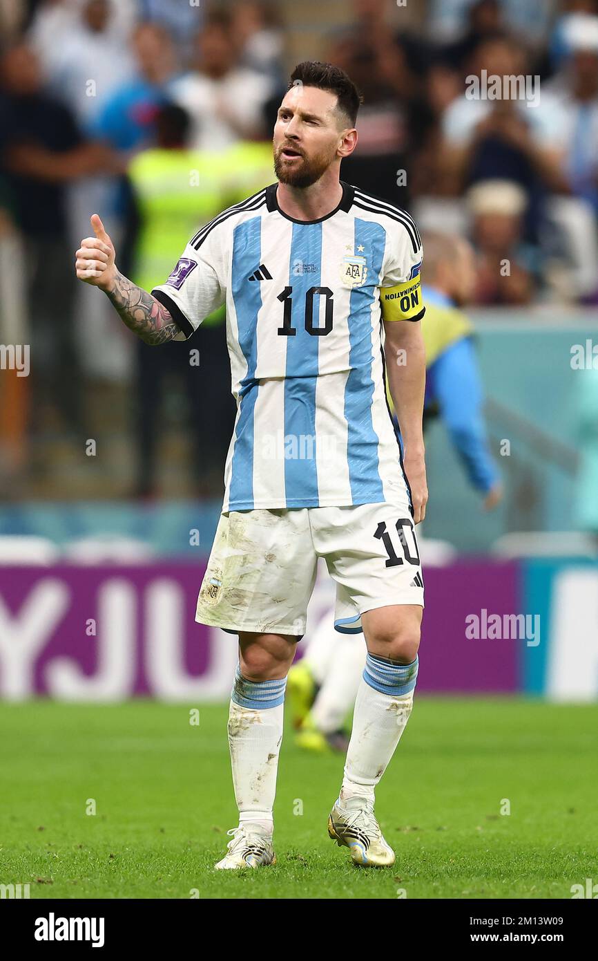 Doha, Qatar. 09th Dec, 2022. Lionel Messi of Argentina celebrates ...