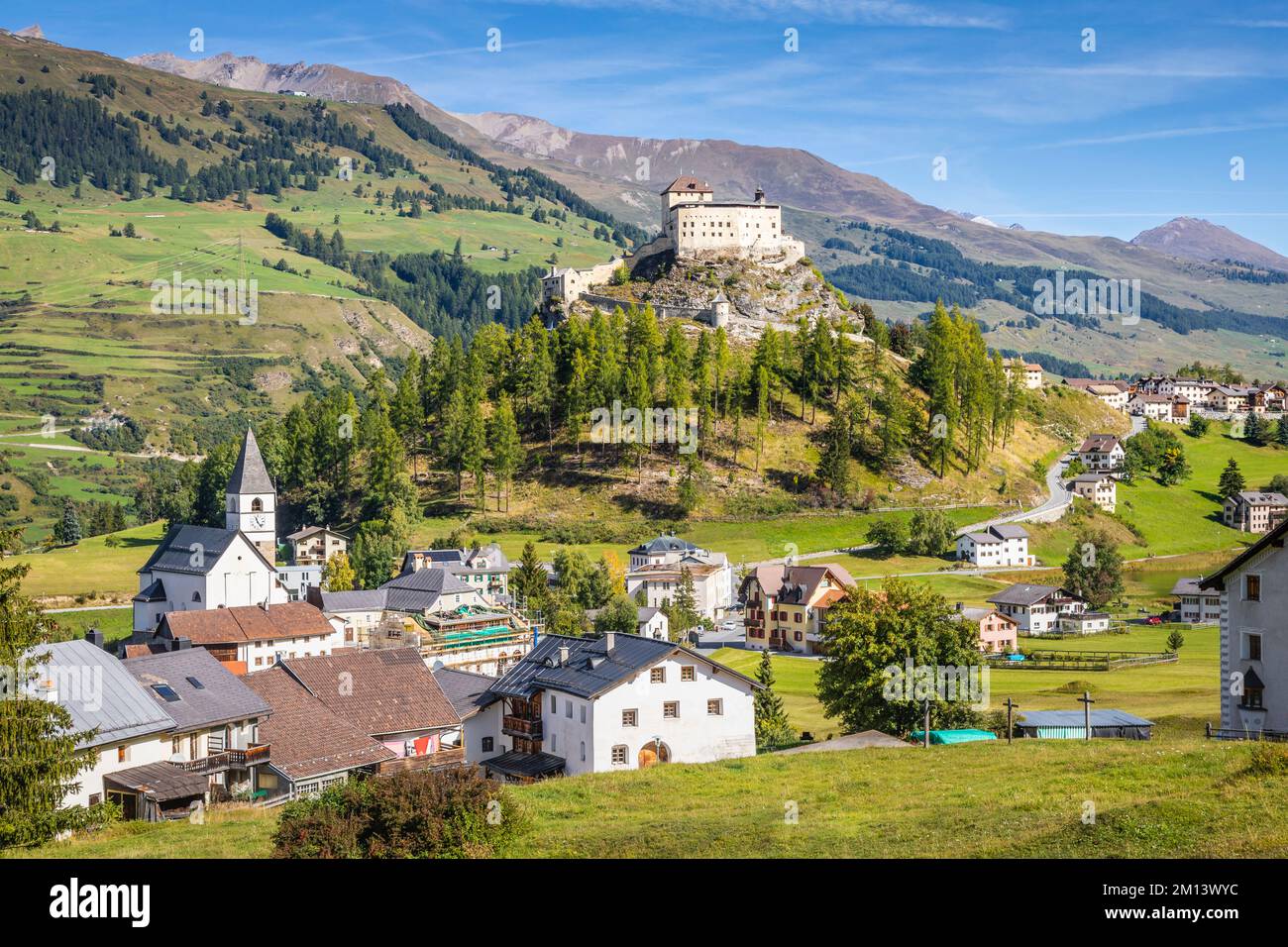 Idyllic landscape of Scuol Tarasp village, Engadine, Swiss Alps ...