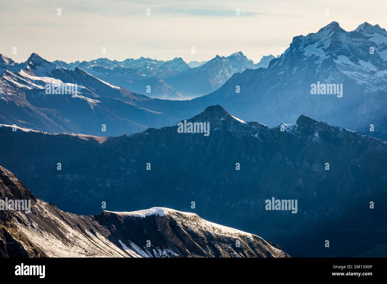 Top of the Schilthorn and view of Bernese Swiss alps, Switzerland Stock ...