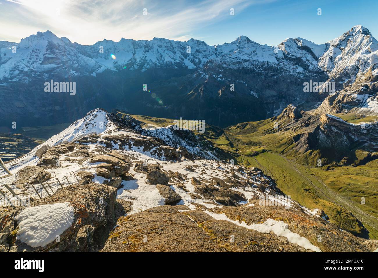 Top of the Schilthorn and view of Breithorn and Bernese Swiss alps ...