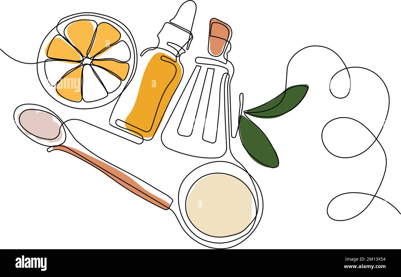 Continuous drawing of one line of bottles with oil or honey or lemon or ...