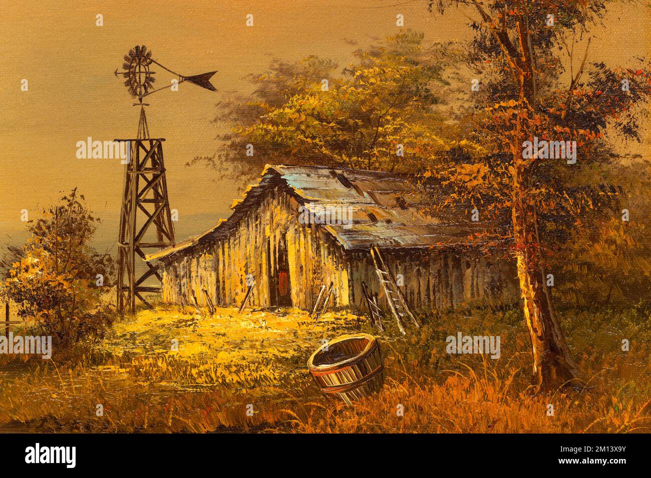 Vintage landscape oil painting detail depicting a country scene with a ...