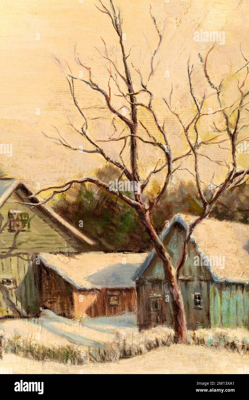 Detail of a vintage oil painting on canvas depicting a village ...