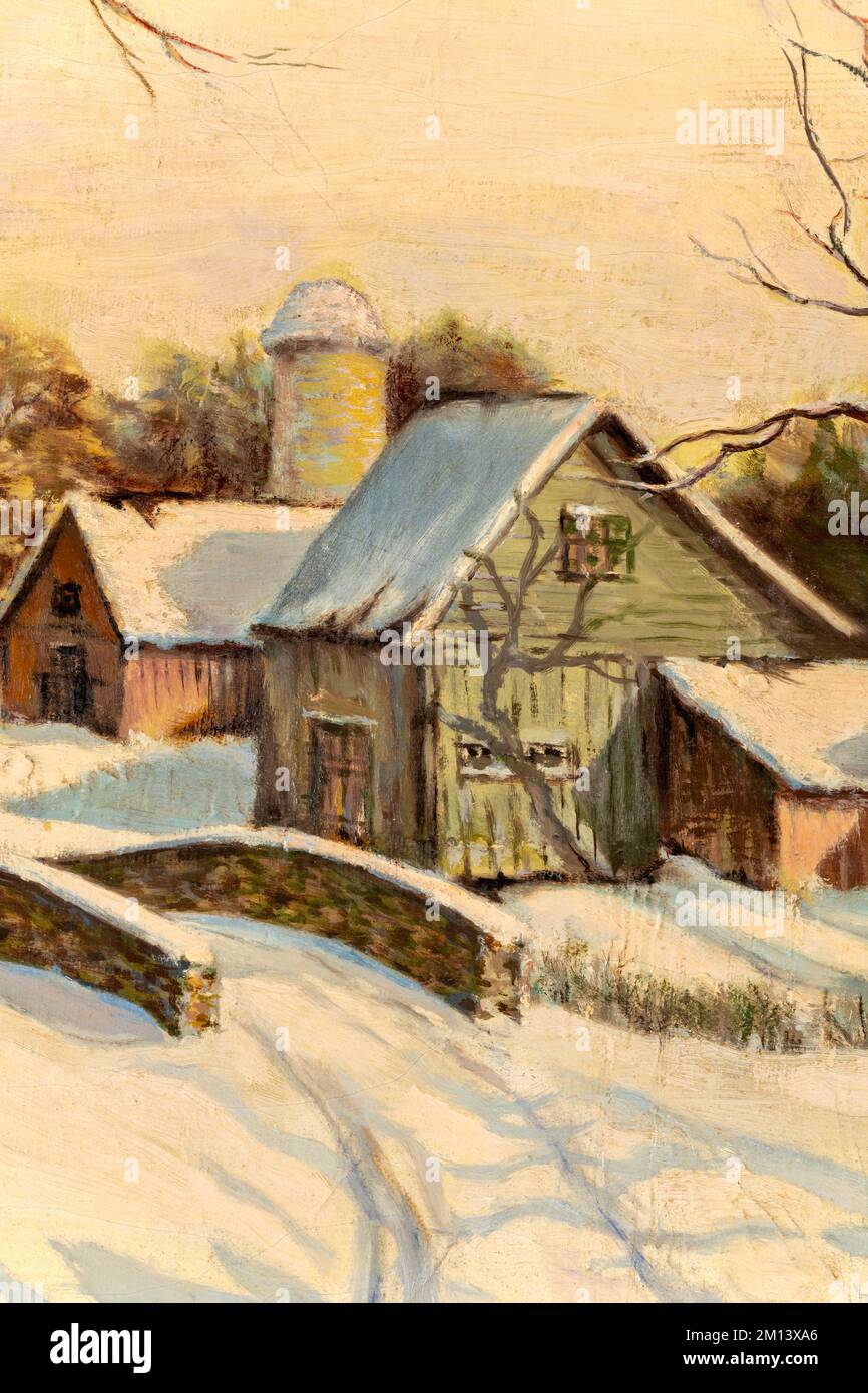 Detail of a vintage oil painting on canvas depicting a village ...