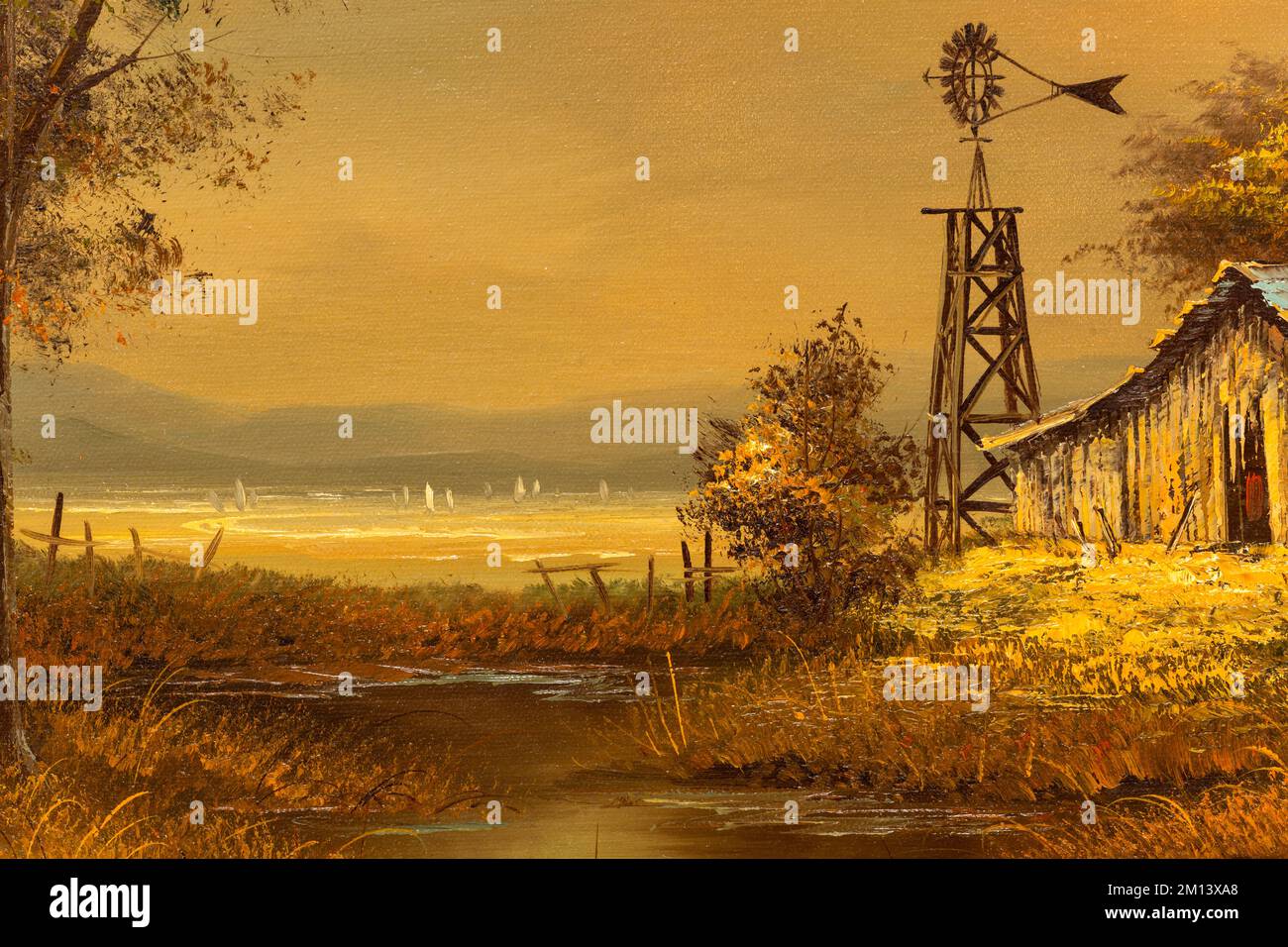 Vintage landscape oil painting detail depicting a country scene with a ...