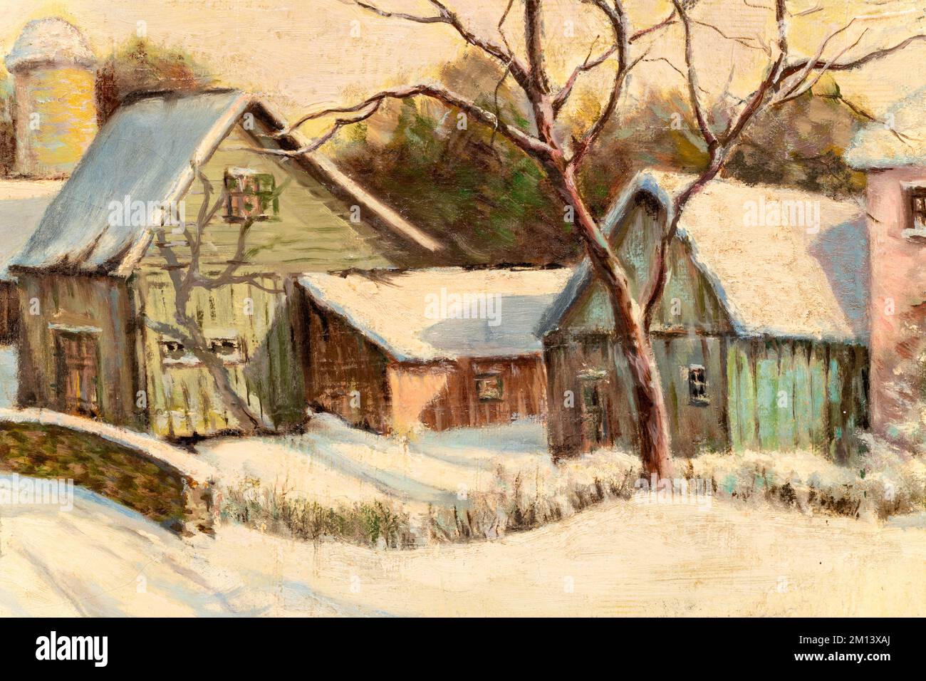 Detail of a vintage oil painting on canvas depicting a village ...