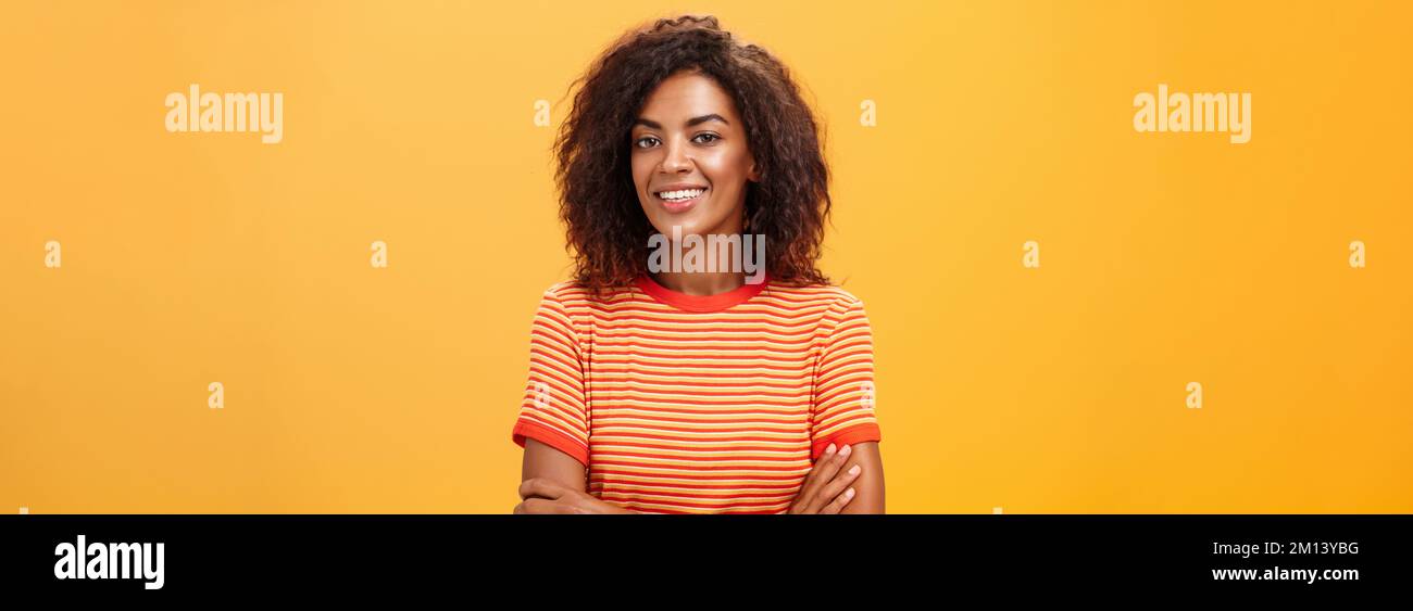 Waist-up shot of creative ambitious good-looking female coworker in ...