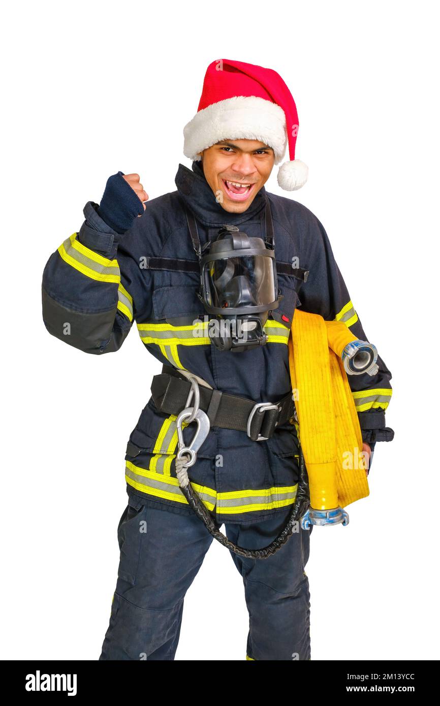 Fireman smiling and looks at the camera isolated on white Stock Photo ...
