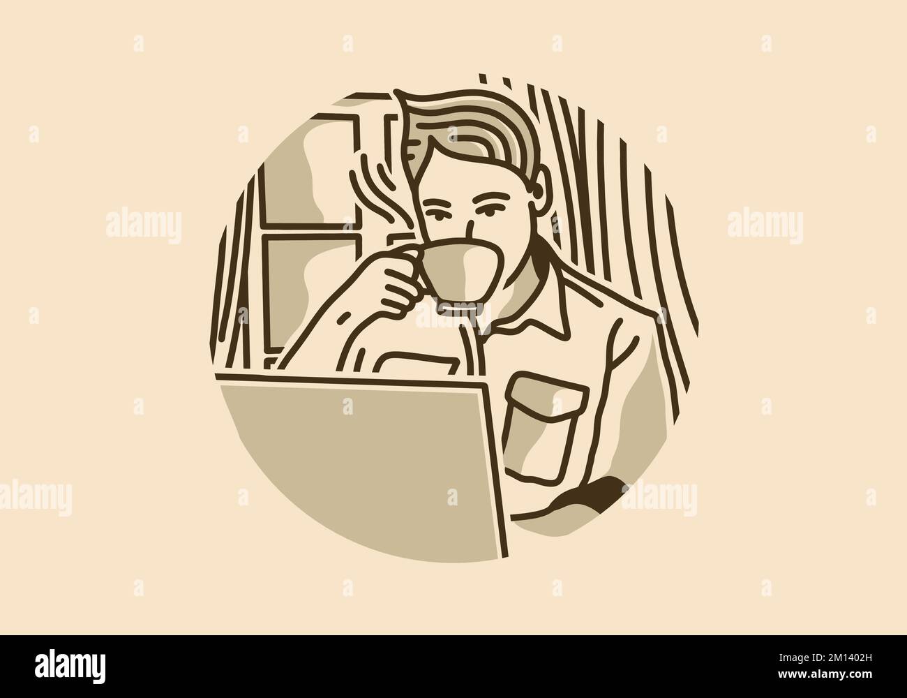 Vintage art illustration design of man drinking coffee in front of ...