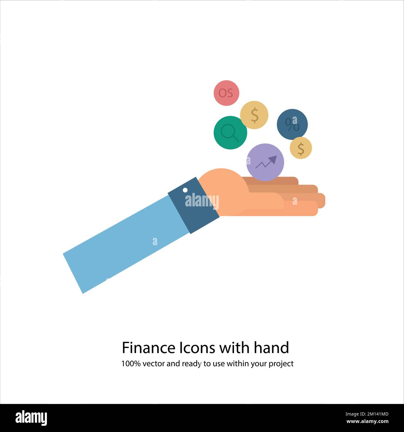Hand with economy icons full vector design, colorful economy symbols ...