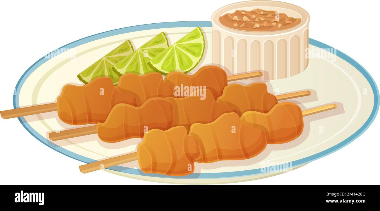 Indonesian chicken Satay with peanut sauce. Asian food illustration ...