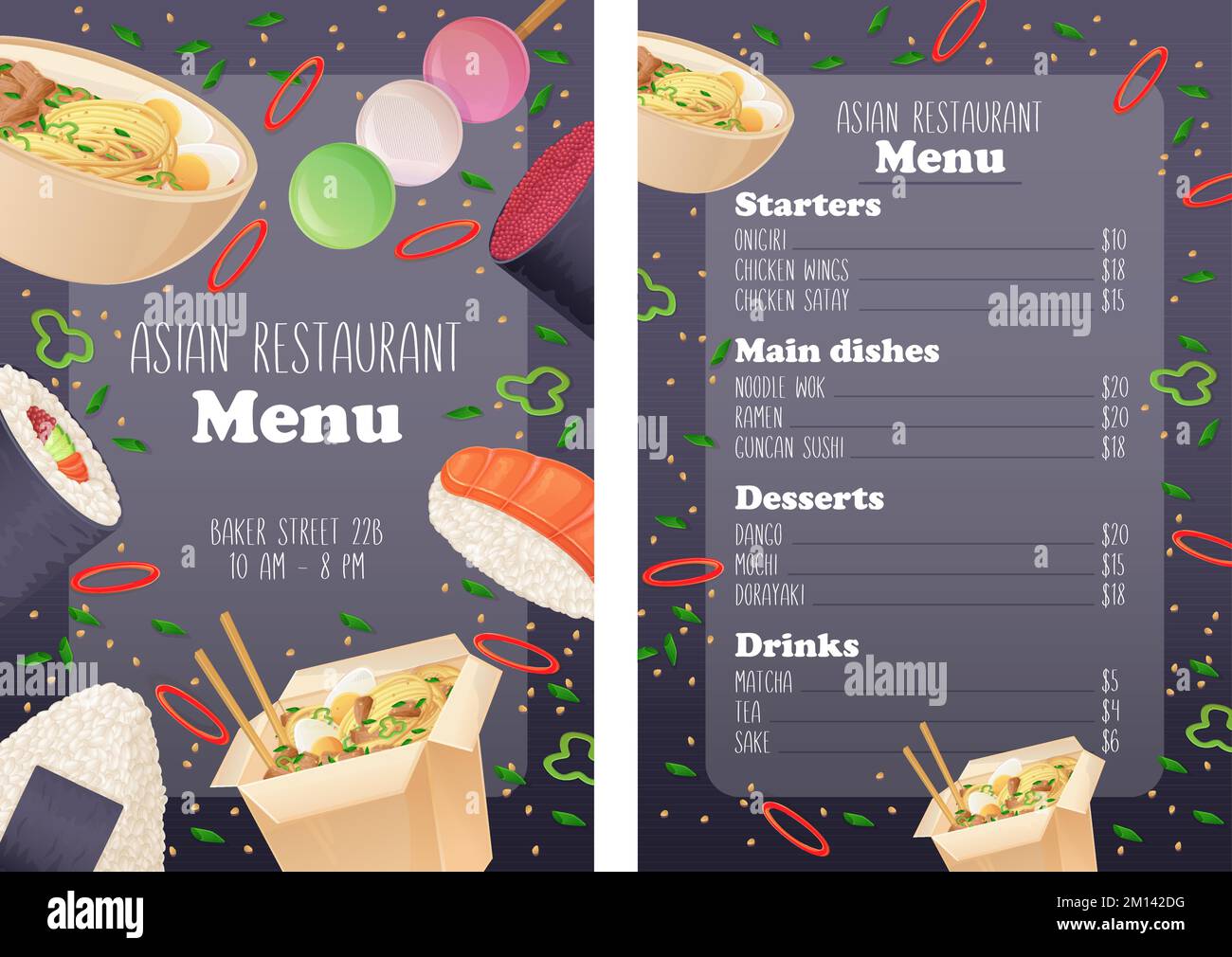 Asian japanese menu template. Sushi, ramen, wok, dango, onigiri food ...