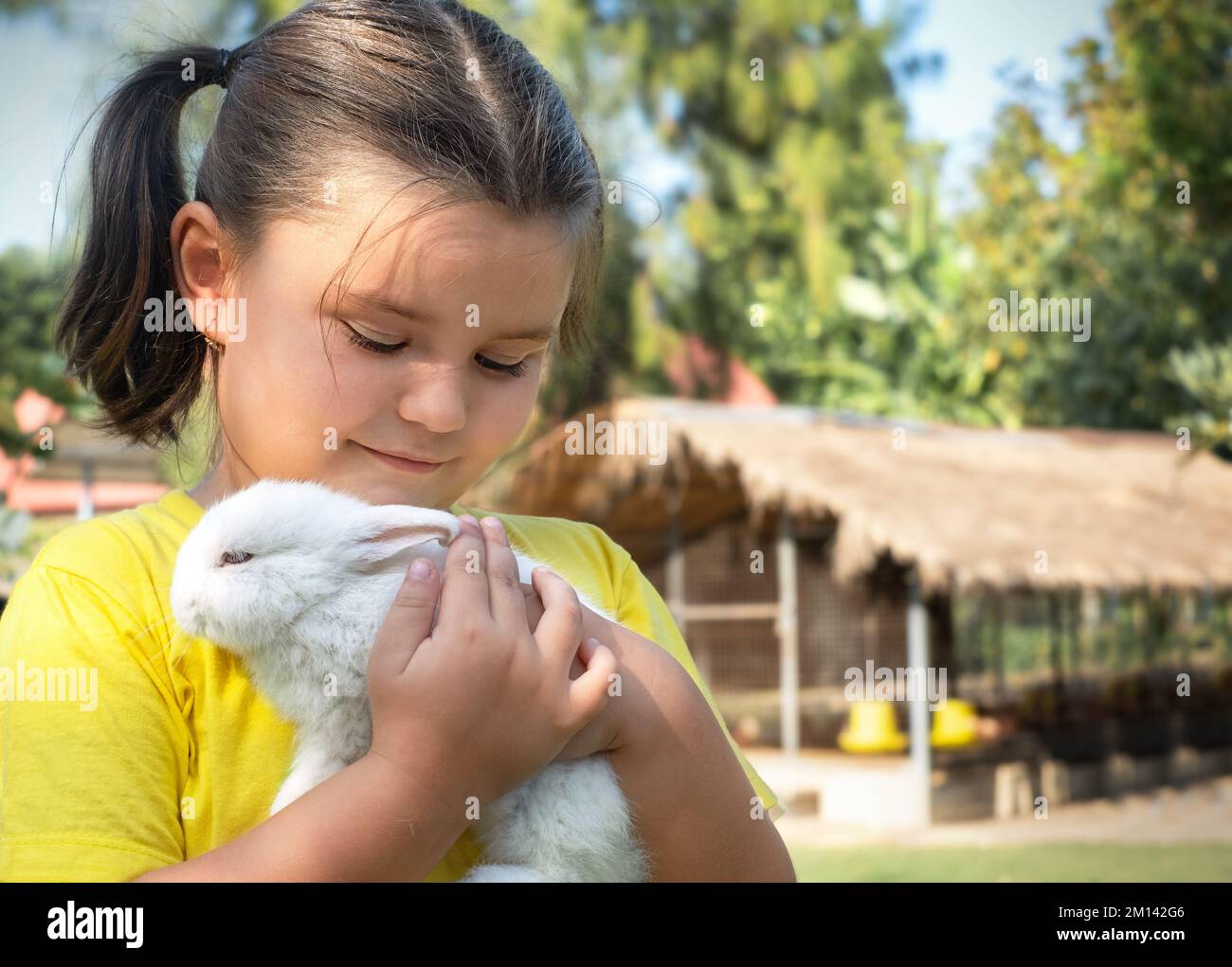 Portrait of a child girl with a white rabbit on a farm in summer Stock ...