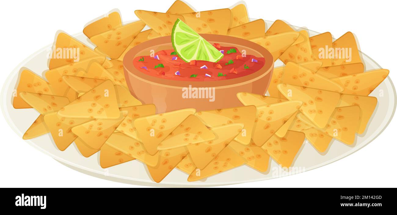 Mexican nacho plate with salsa. Latino american food illustration in ...