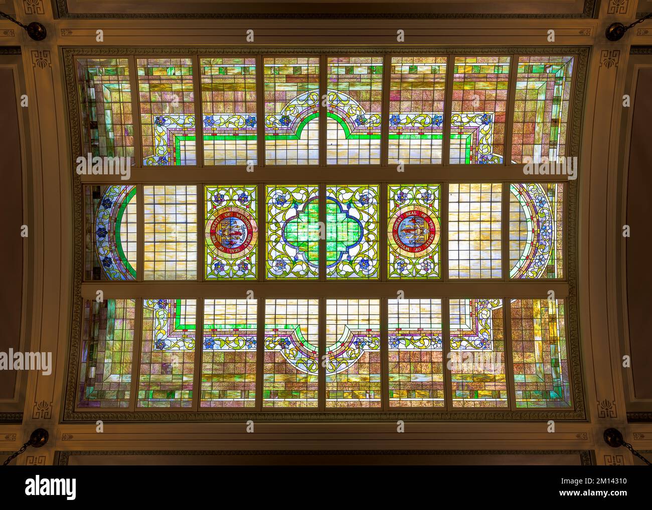 Stained glass ceiling in the Senate chamber in the Wyoming State ...