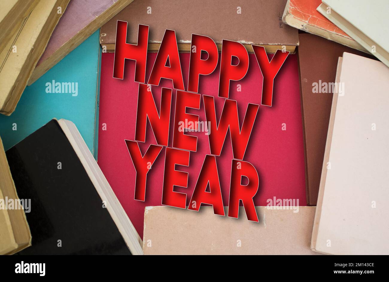 Happy New Year word in opened book with vintage, natural patterns old ...
