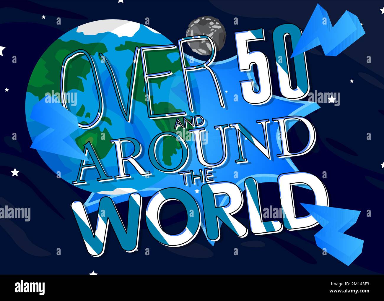 Planet Earth with Over 50 and around the world text. Cartoon vector ...