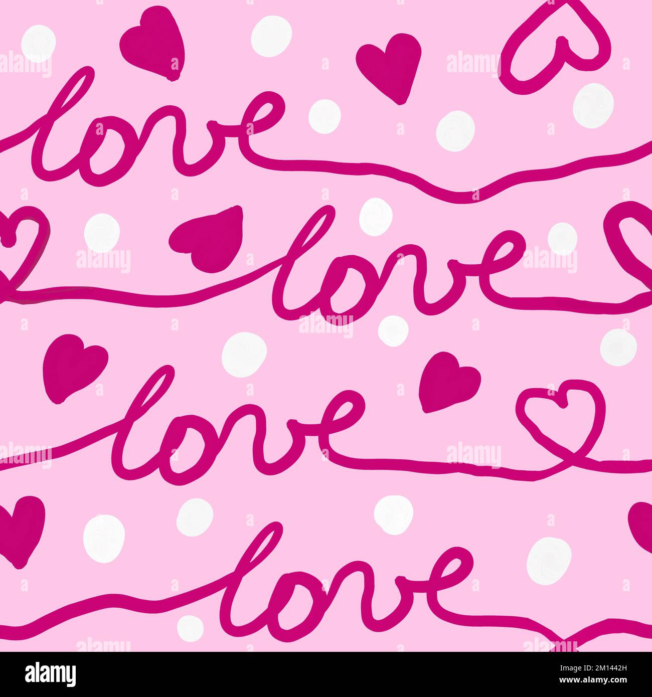 Hand drawn seamless pattern with red hearts on pink background. Love ...