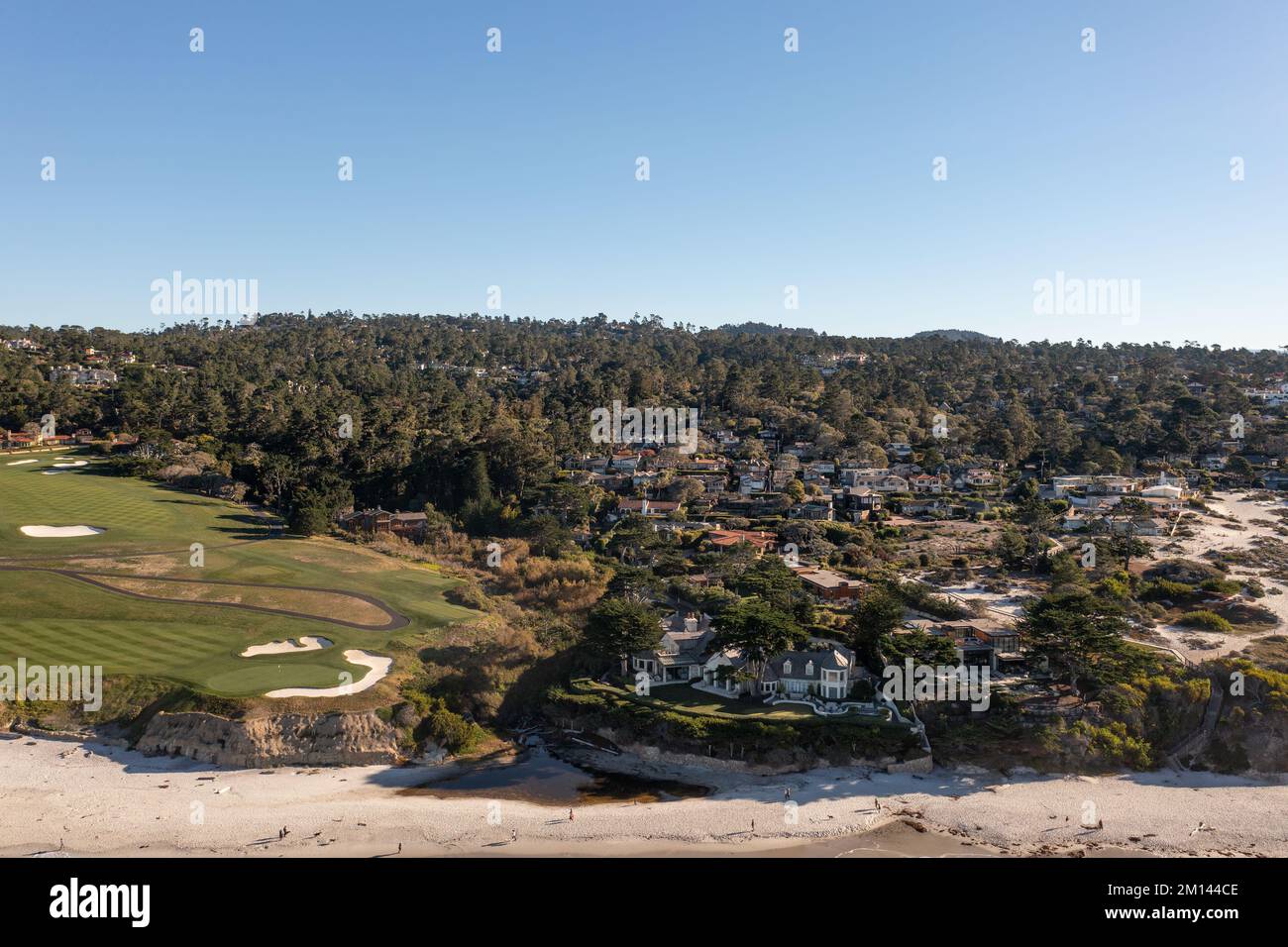 Aerial view of Carmel Sunset Beach and Pebble Beach golf course Stock ...