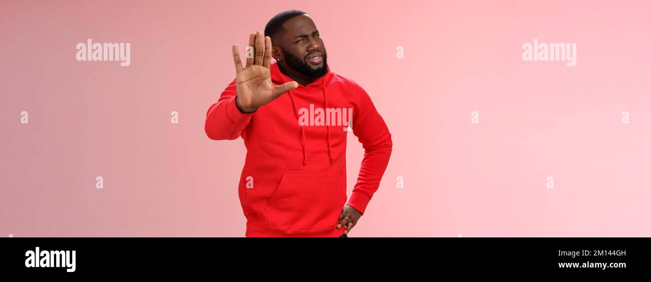 Hold on, stop right there. Portrait confused perplexed african american ...