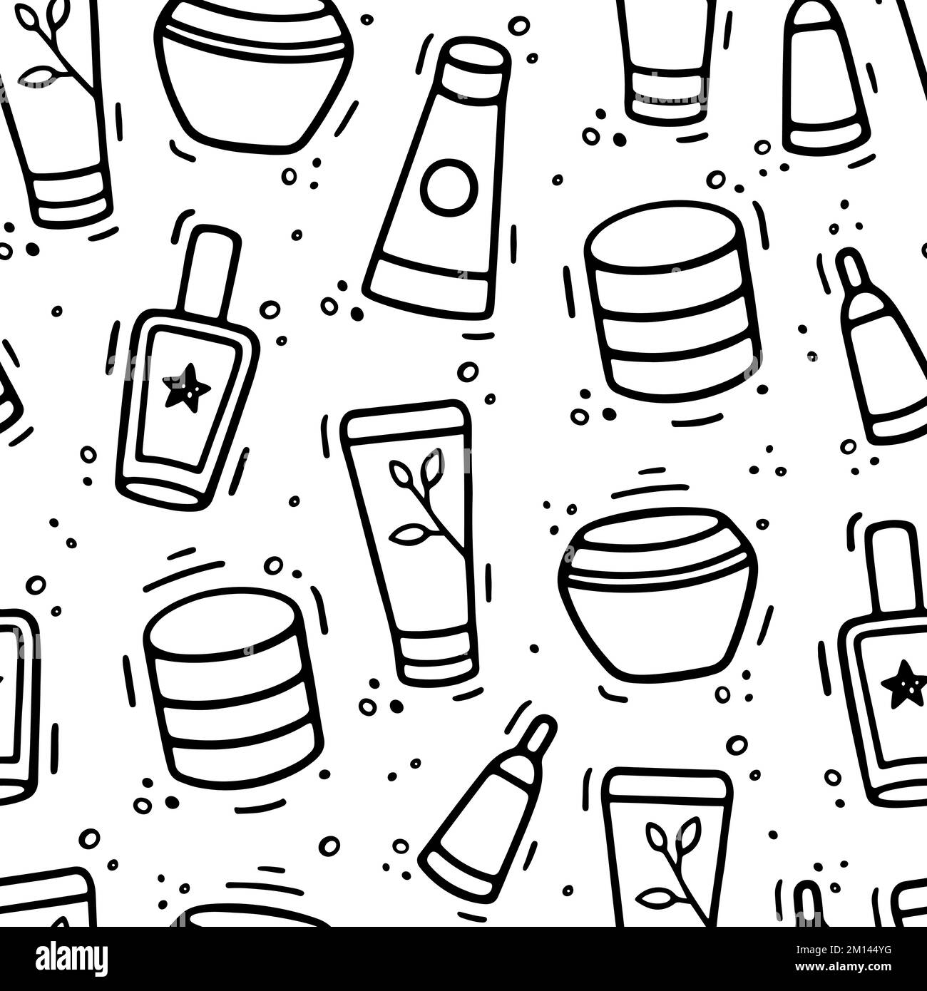 Cosmetics cream jars collection seamless pattern. Comic doodle sketch ...