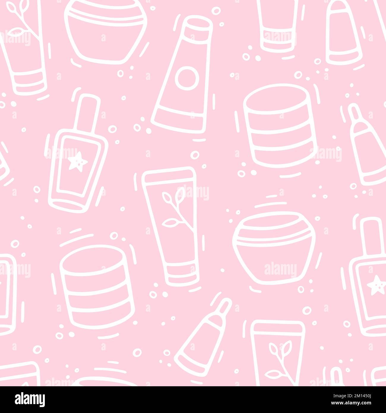 Cosmetics cream jars pink collection seamless pattern. Comic doodle ...